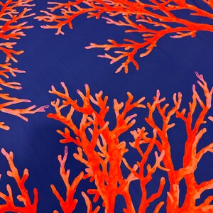 Coral Pattern Fabric, Red and Navy Blue Color Silky Crepe Fabric , Fabric by the Yard, Panel ...