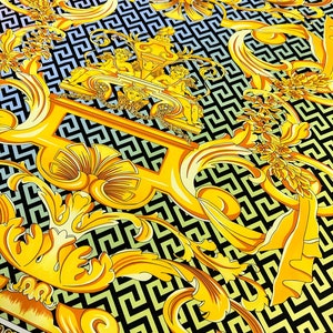 Greek Key Pattern Fabric, Gold Baroque Silky Crepe Fabric , Panel ...