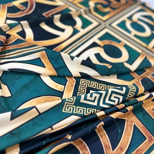 Green Gold Crepe Silky Fabric, Greek Key Pattern Fabric , Fabric by the ...