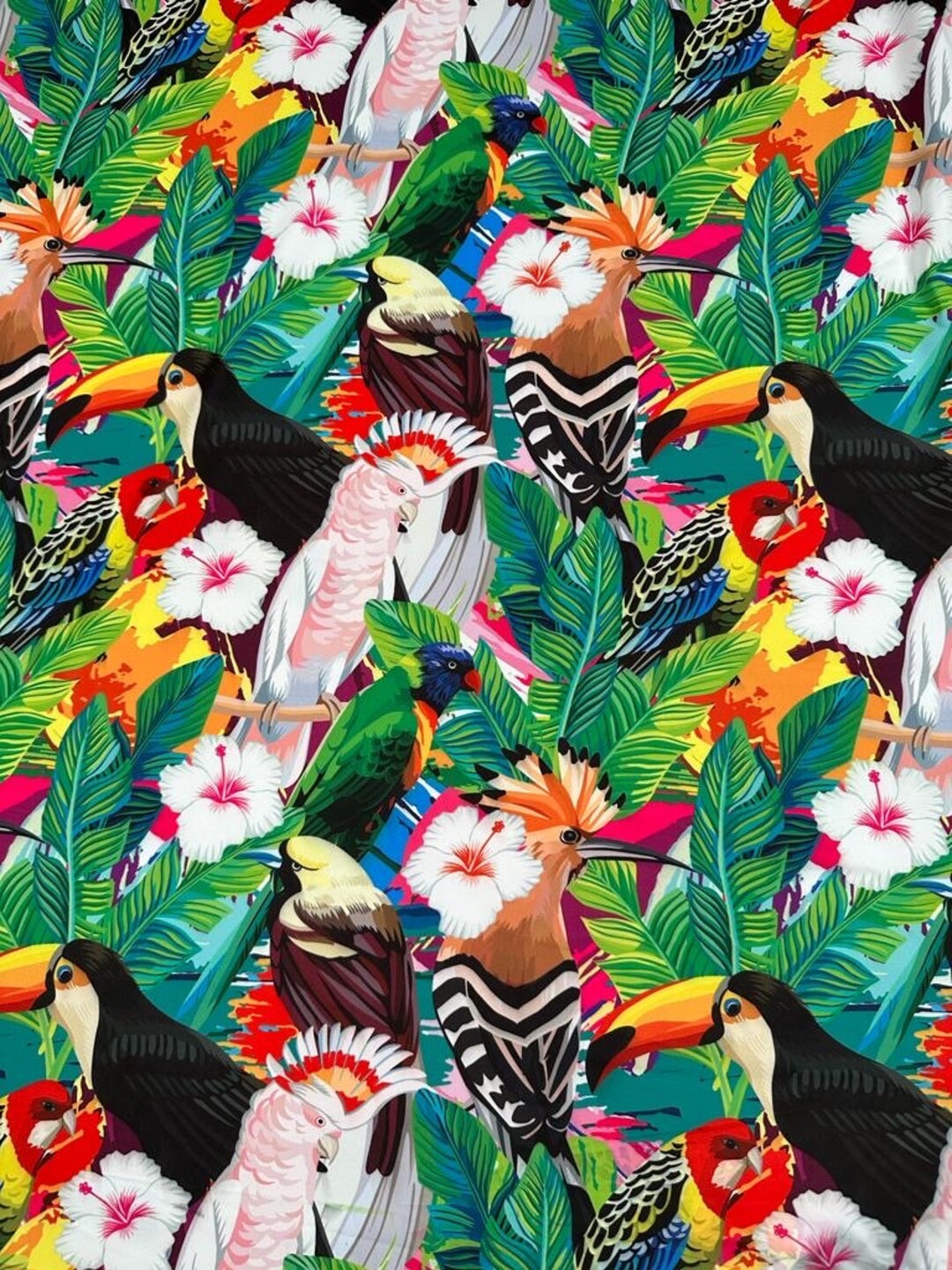 Tropical Leaf Pattern Silky Crepe Fabric, Exotic Bird Pattern Fabric ...