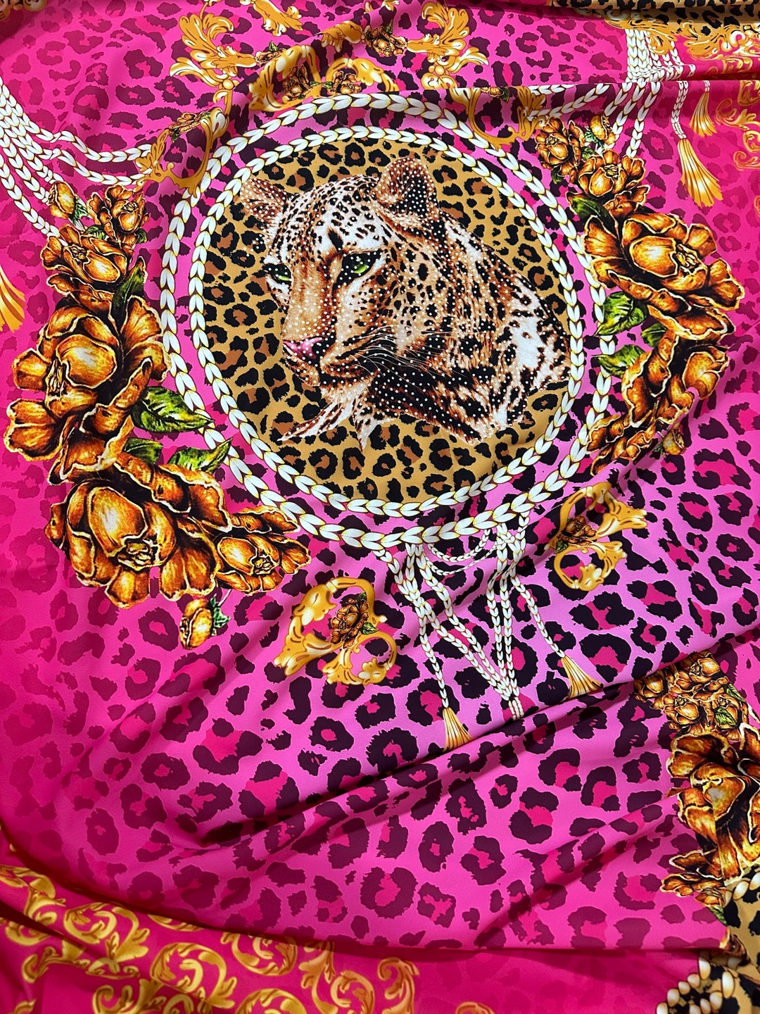 Fuchsia Color Leopard Pattern Silky Crepe, Baroque Pattern Silky Crepe ...