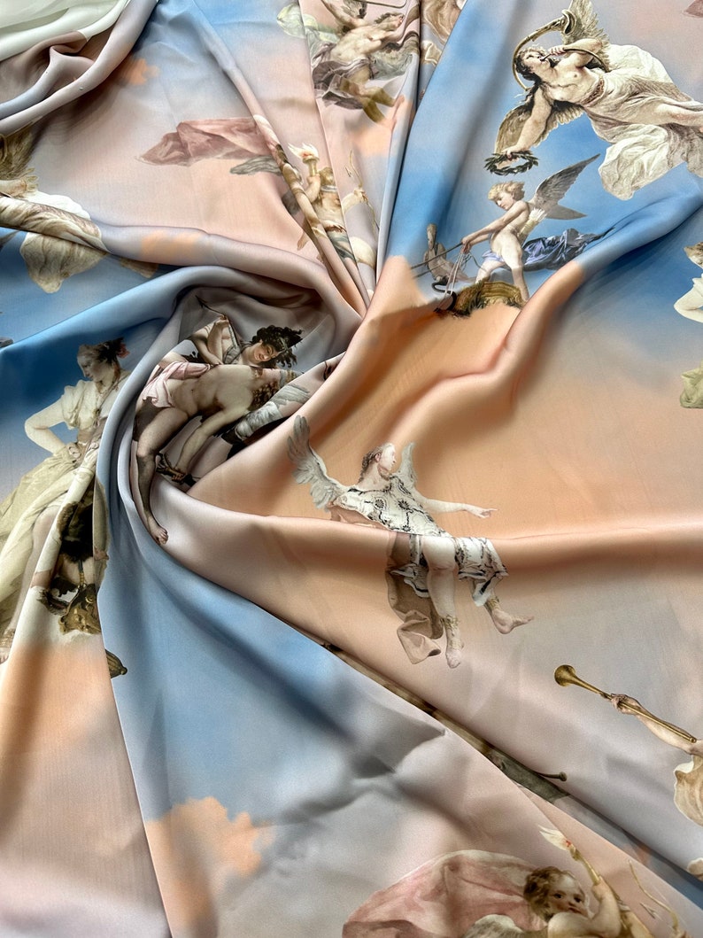 Angel Print Silky Satin Fabric Sky Color Pattern Fabric Luxe - Etsy