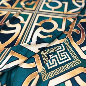 Green Gold Crepe Silky Fabric, Greek Key Pattern Fabric , Fabric by the ...