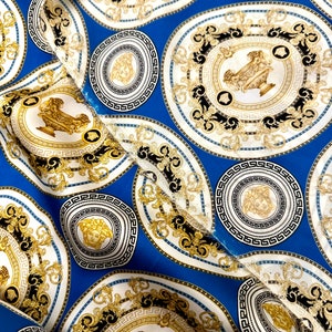 Royal Blue Pure Silk Fabric, Greek Pattern Silk Satin Fabric, 14 Mome ...