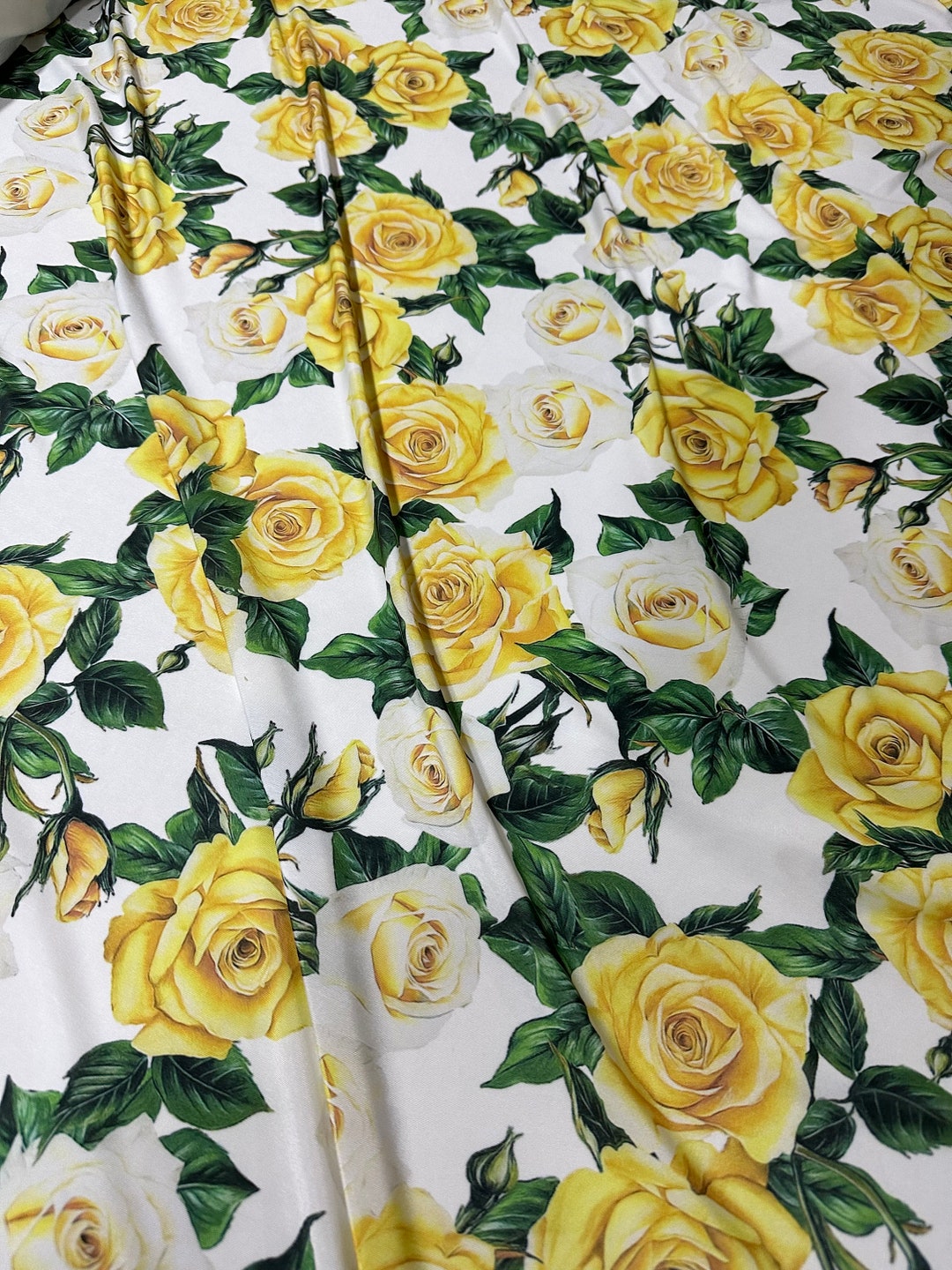 Yellow Rose Patern Fabric, Yellow White Spandex 4-way Stretch Fabric ...