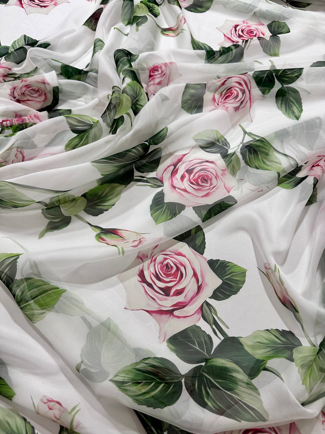 Pink Rose Pattern Fabric, Floral Pattern Fabric, Silky Satin silky Crepe Polysilk Chiffon - Etsy