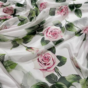 Pink Rose Pattern Fabric, Floral Pattern Fabric, Silky Satin silky ...