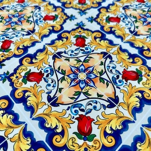 Majolica Pattern Fabric, Sicilian Print Silky Crepe Fabric , Fabric by ...