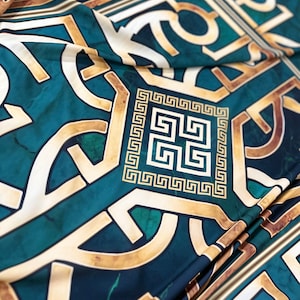 Green Gold Crepe Silky Fabric, Greek Key Pattern Fabric , Fabric by the ...