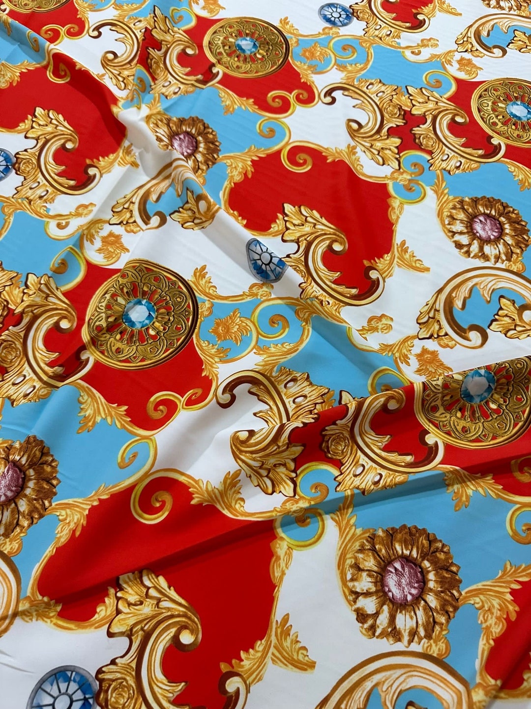 Vintage Baroque Pattern Silky Crepe Fabric, Turquoise Red Color ...