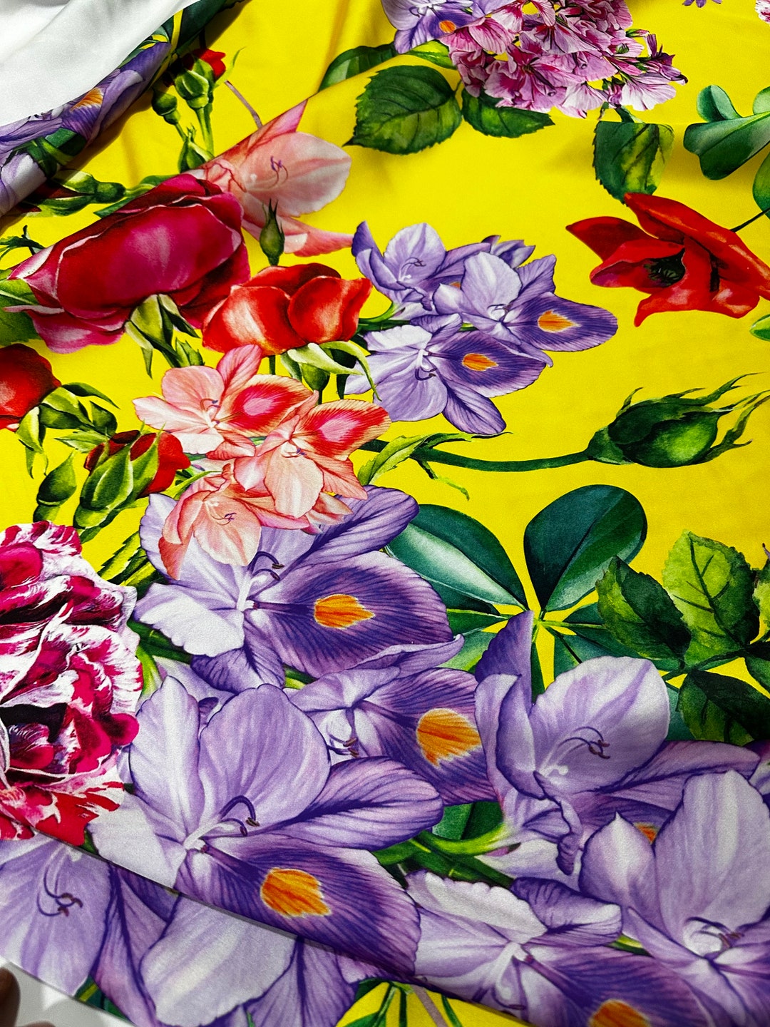 Big Floral Pattern Silky Satin Fabric, Rose Pattern Fabric, Yellow ...