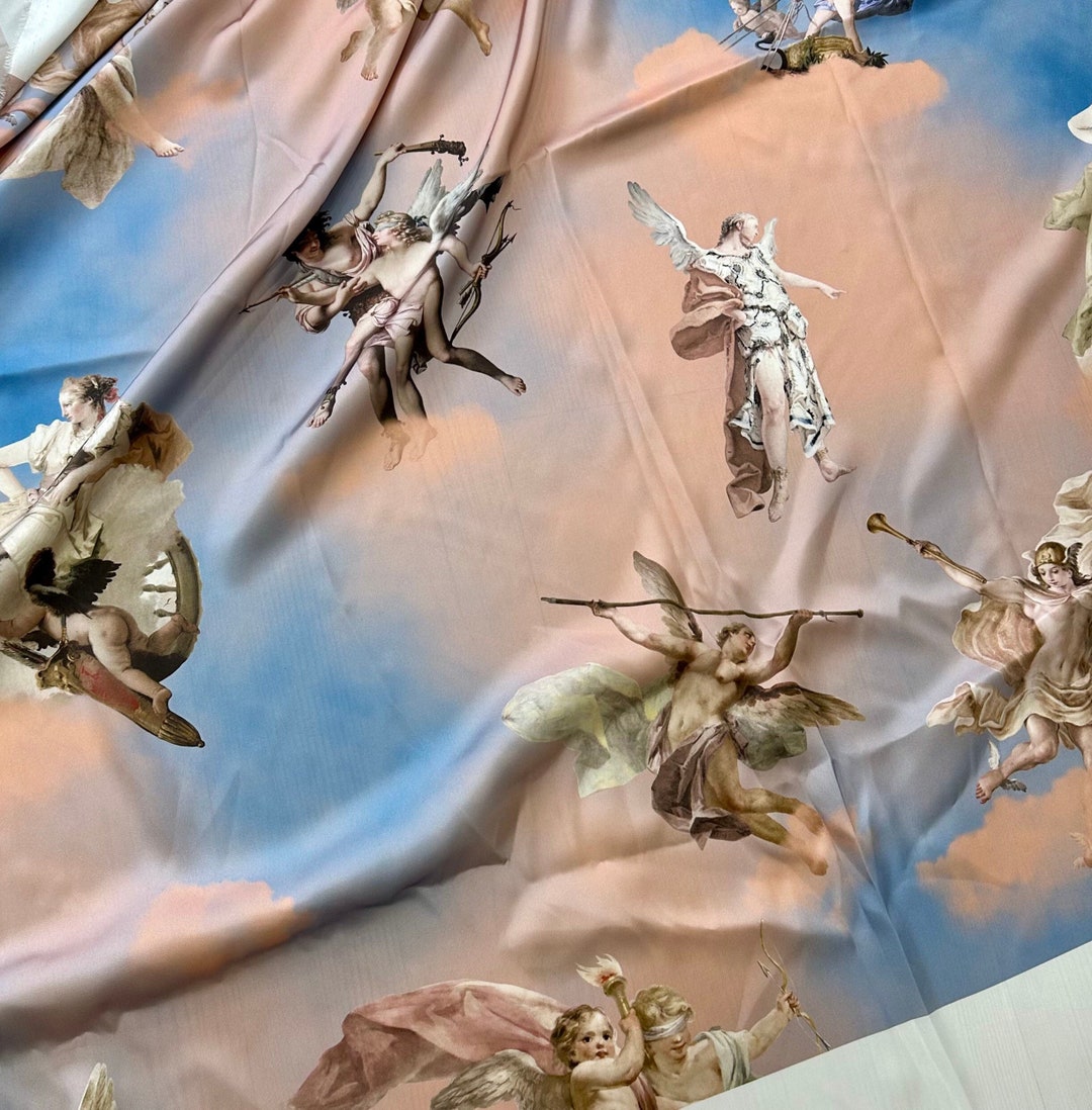 Angel Print Silky Satin Fabric, Sky Color Pattern Fabric, Luxe Fabric ...