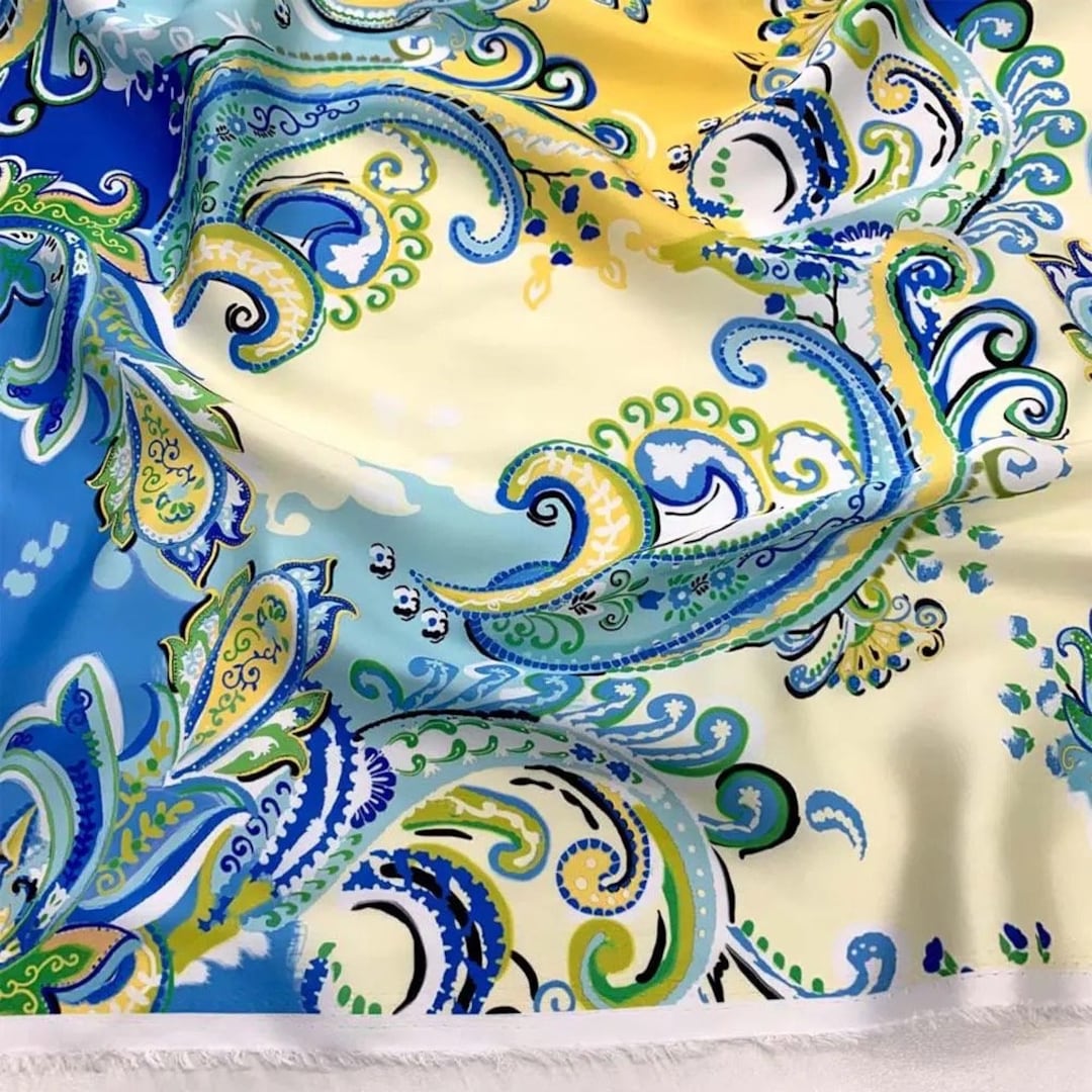 Paisley Pattern Fabric Blue and Yellow Satin Fabric - Etsy