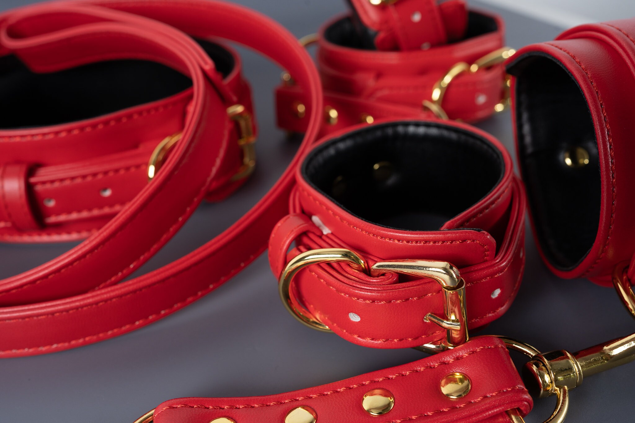 Red Bondage Set, Restraints Kit, Leather Bondage, Handcuffs, Ankle ...