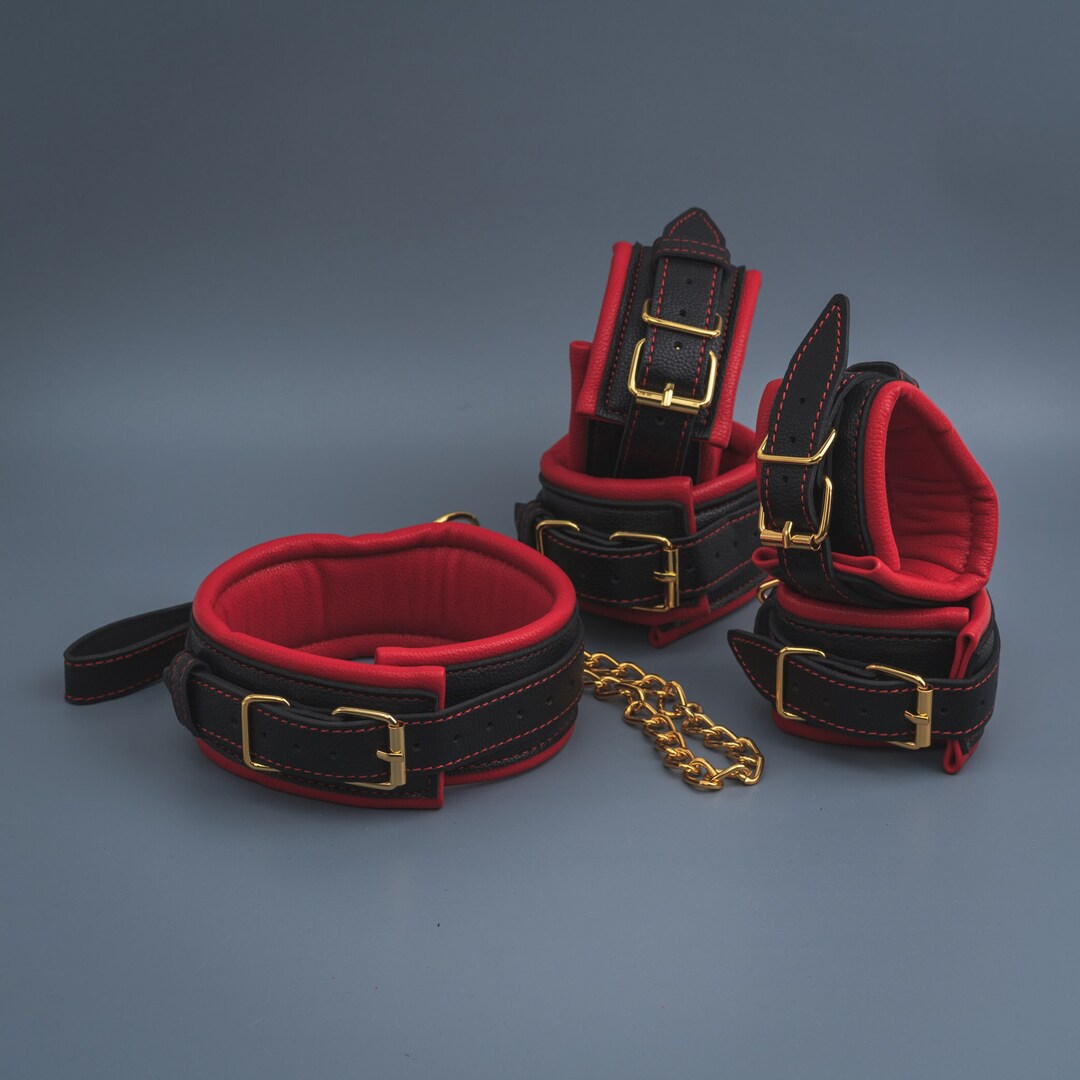 Red Black Bondage Set, Restraints Kit, Gold Hardware, Leather Bondage ...