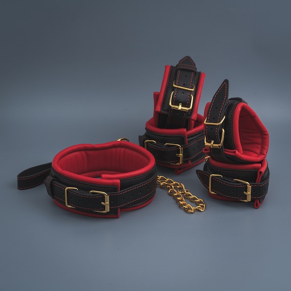 Red Black Bondage Set Restraints Kit Gold Hardware Leather - Etsy