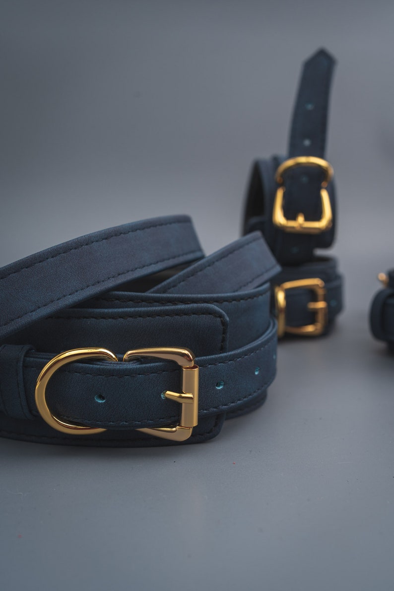 Navy Blue Bondage Set, Restraints Kit With Gold Hardware, Leather ...