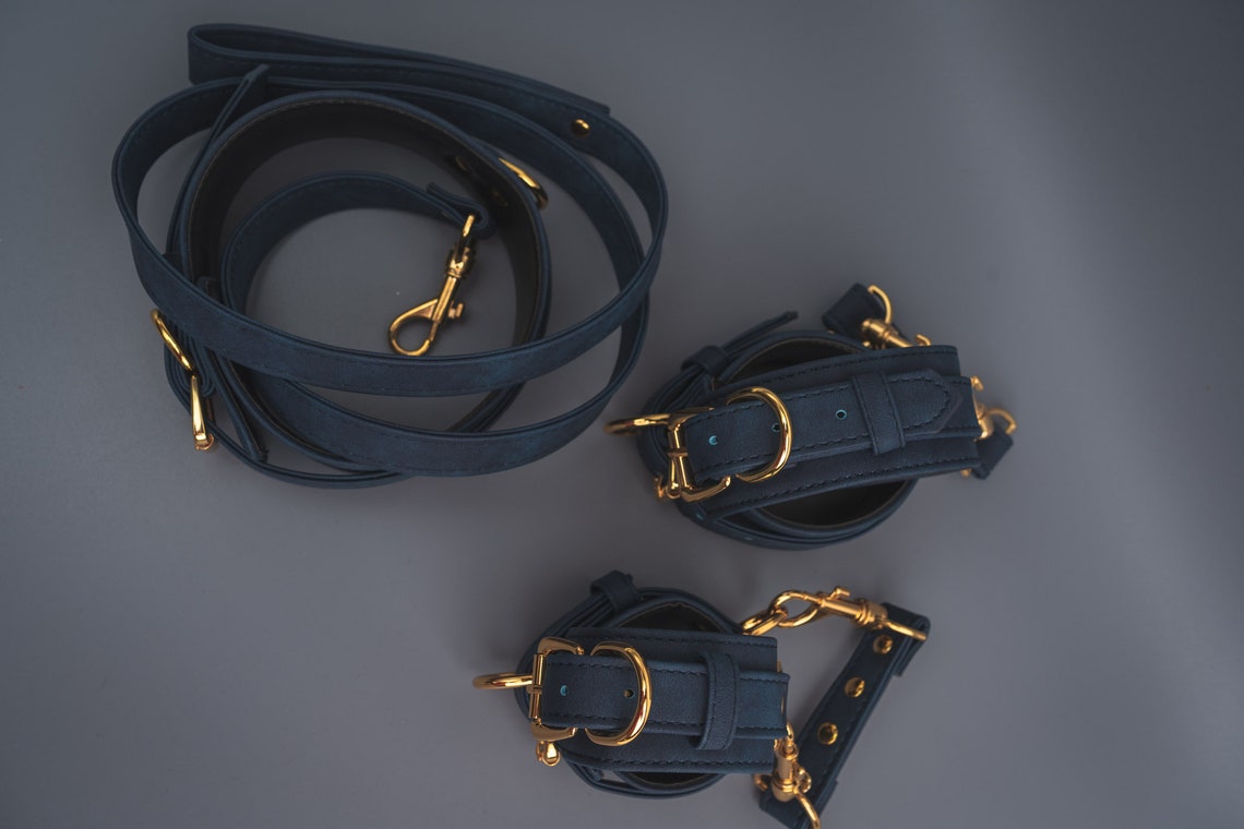 Navy Blue Bondage Set, Restraints Kit With Gold Hardware, Leather ...