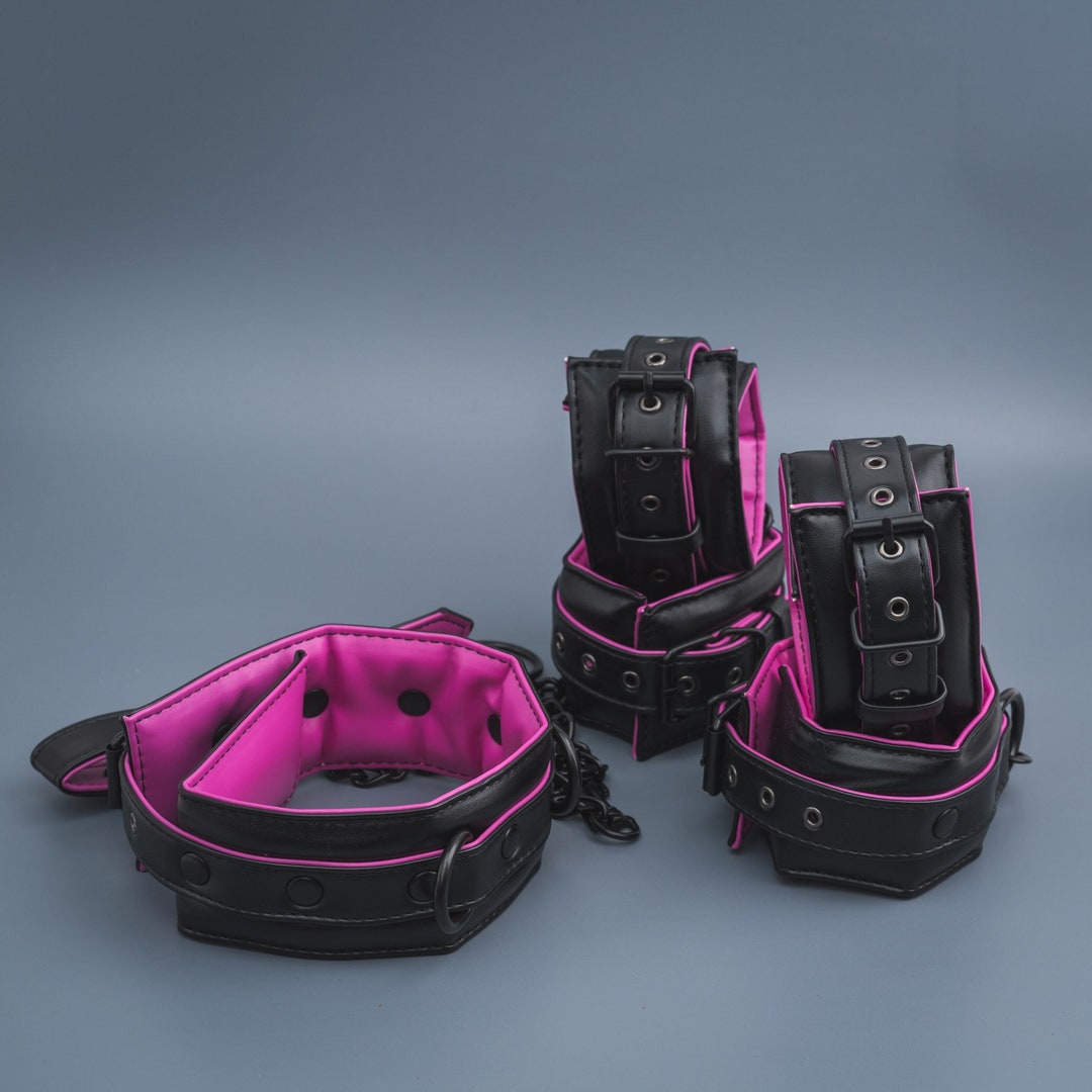 Luxury Purple Black Bondage Set, Restraints Kit, Leather Bondage, Ankle ...