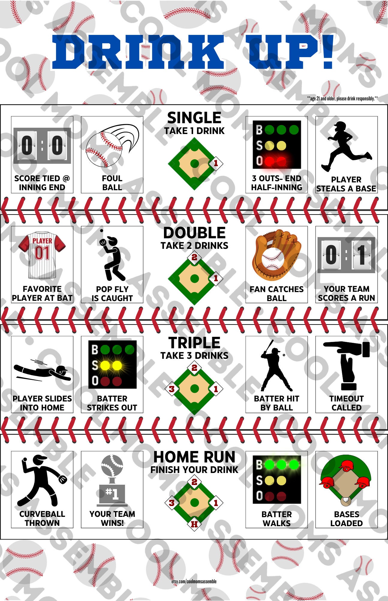 Baseball Drink Up!- Party Drinking Game- PDF 11x17, 8.5x11 & 5.4x8.2 ...
