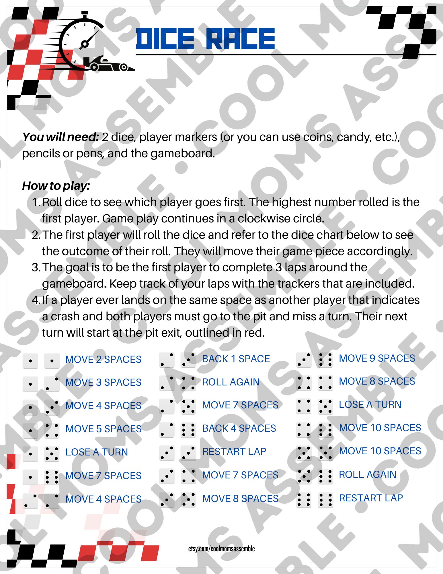 Dice Race Auto Racing Party Game- Printable Racing Game- Racing Party ...