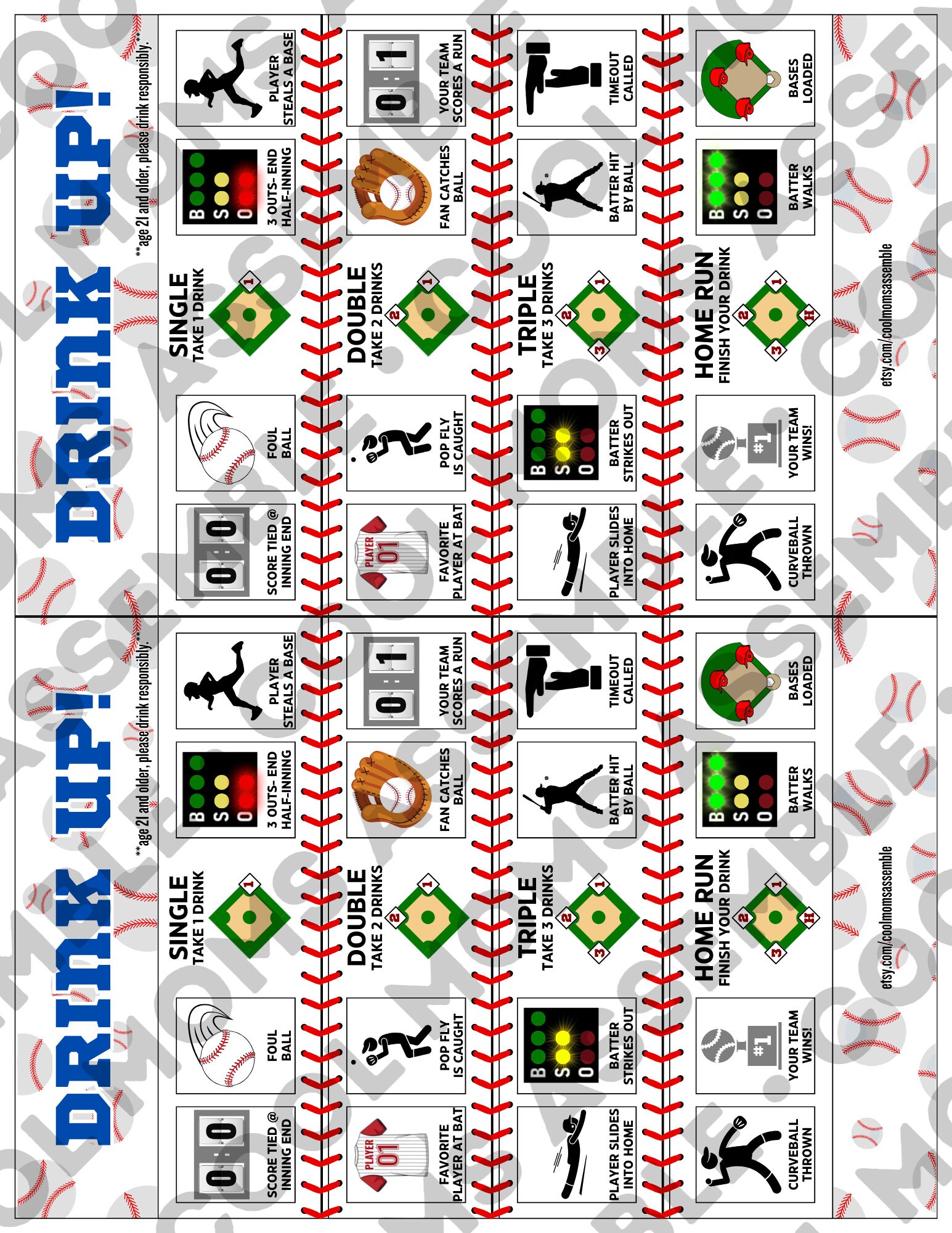 Baseball Drink Up!- Party Drinking Game- PDF 11x17, 8.5x11 & 5.4x8.2 ...