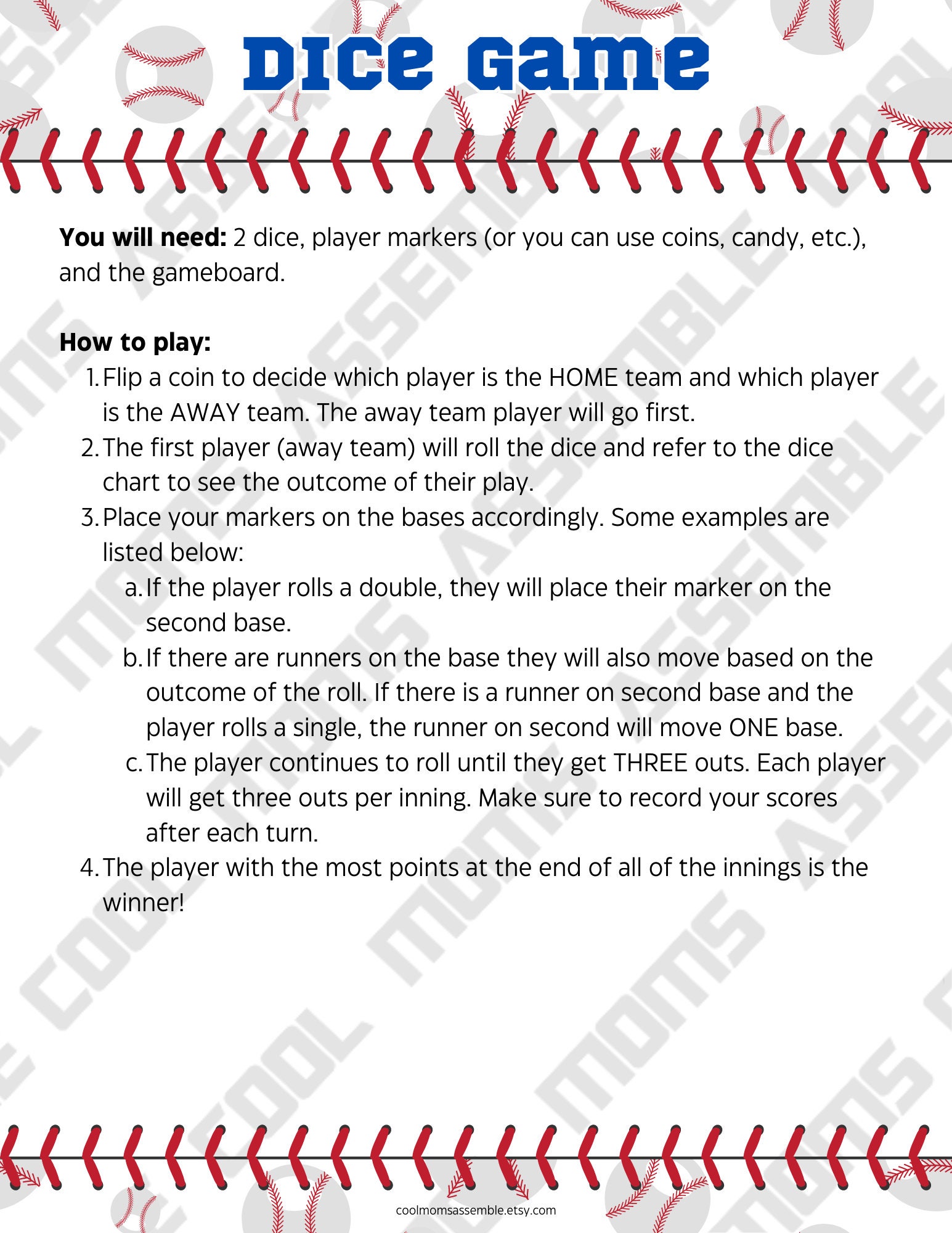 Baseball Dice Game Printable Baseball Game Baseball Party Game ...