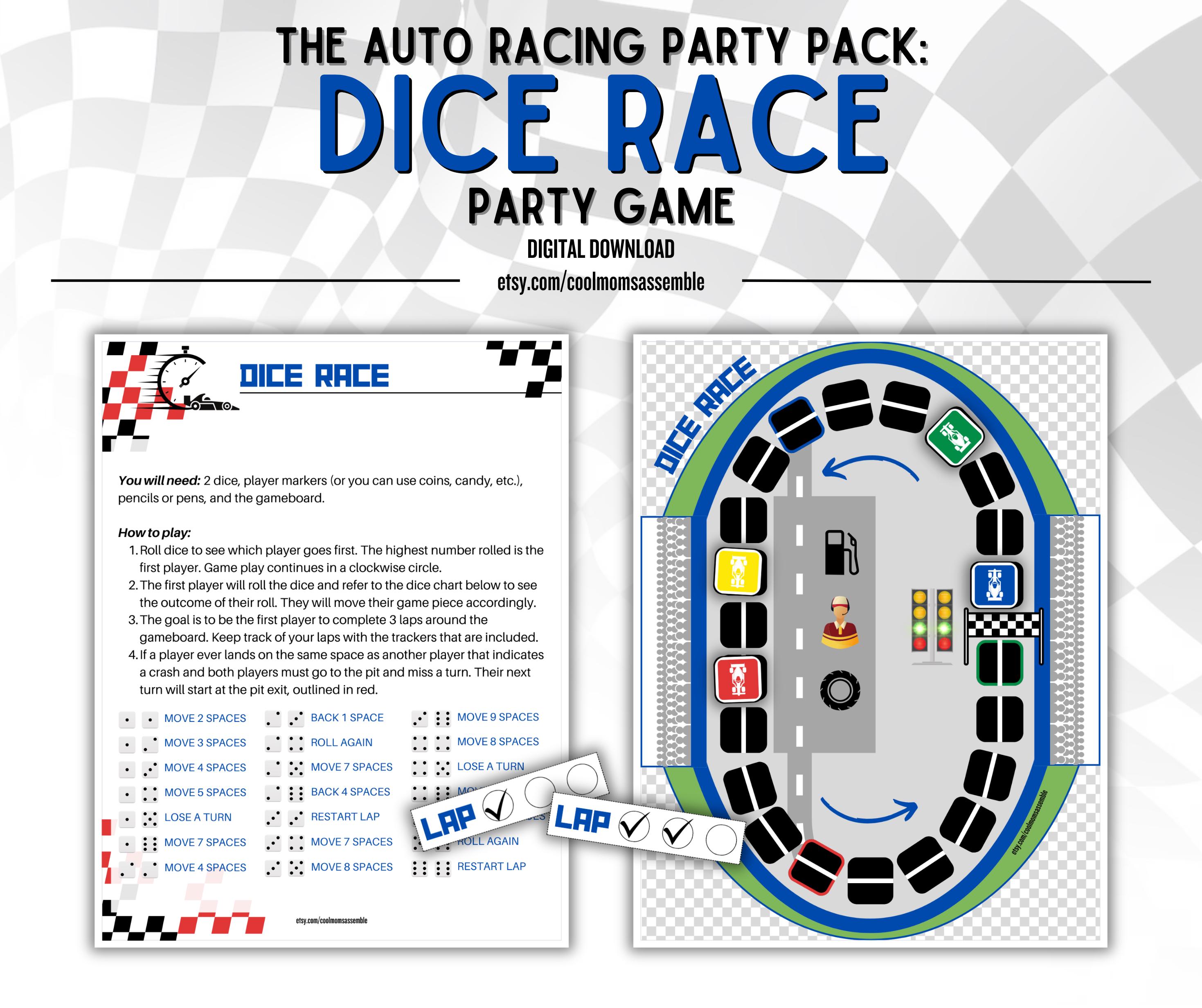 Dice Race Auto Racing Party Game- Printable Racing Game- Racing Party ...