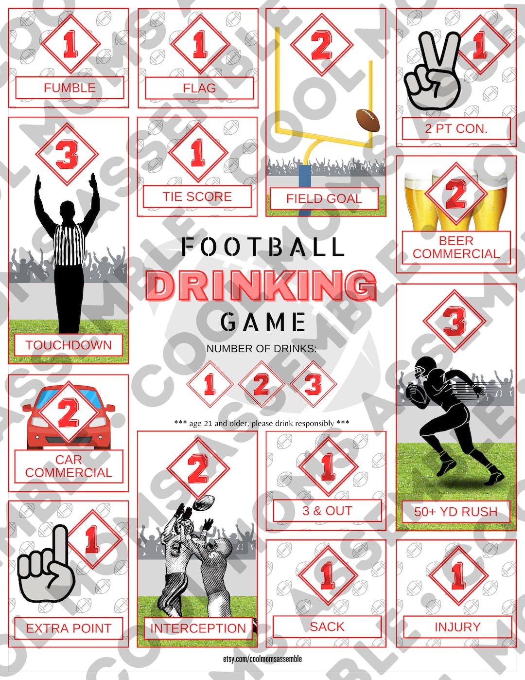 Football Drinking Game- PDF 11x17, 8.5x11 & 5.4x8.2- PNG Files ...