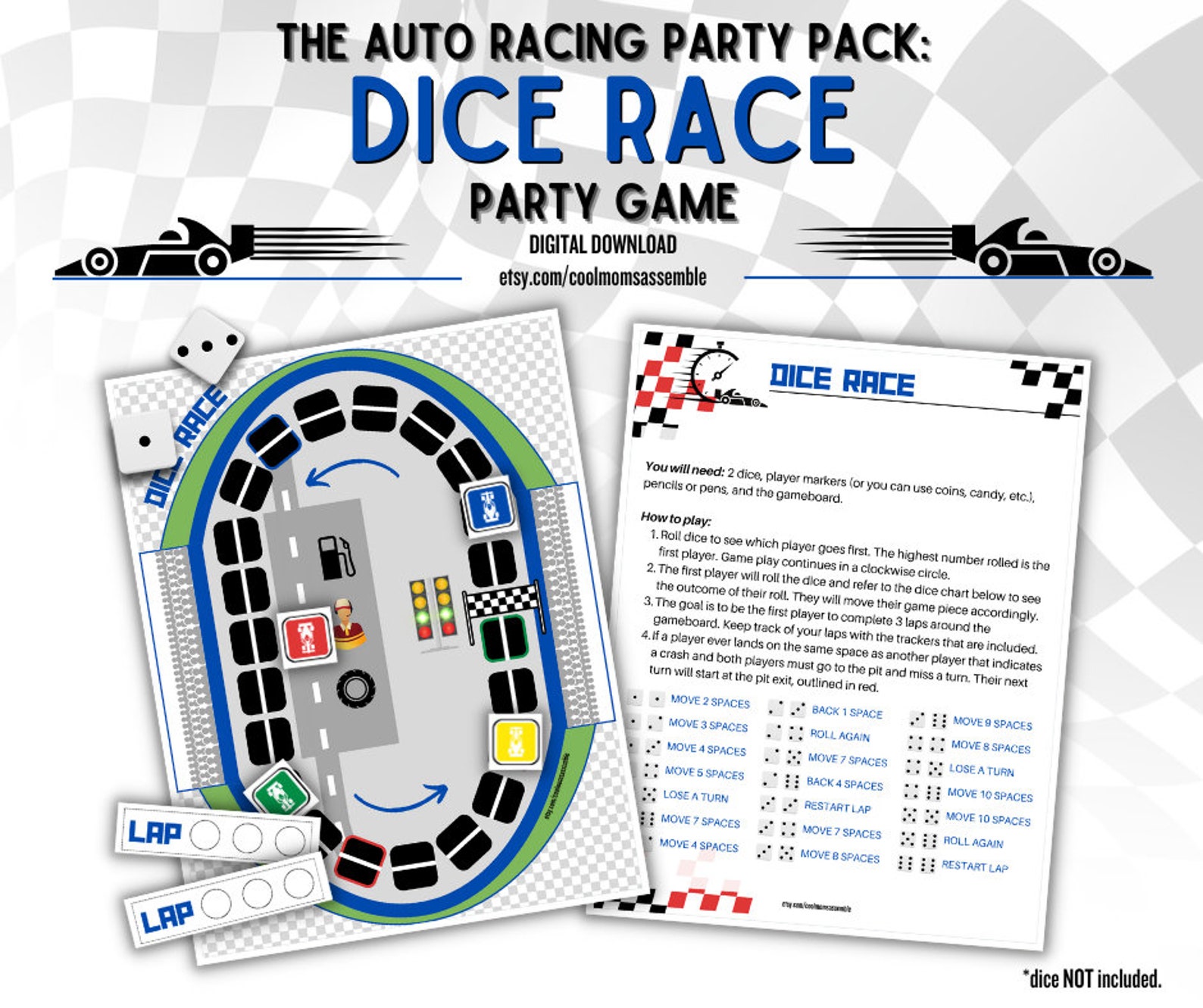 Dice Race Auto Racing Party Game- Printable Racing Game- Racing Party ...