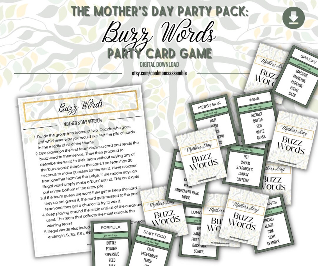 Mother's Day Buzz Words Party Card Game- Mother's Day Games- Party ...