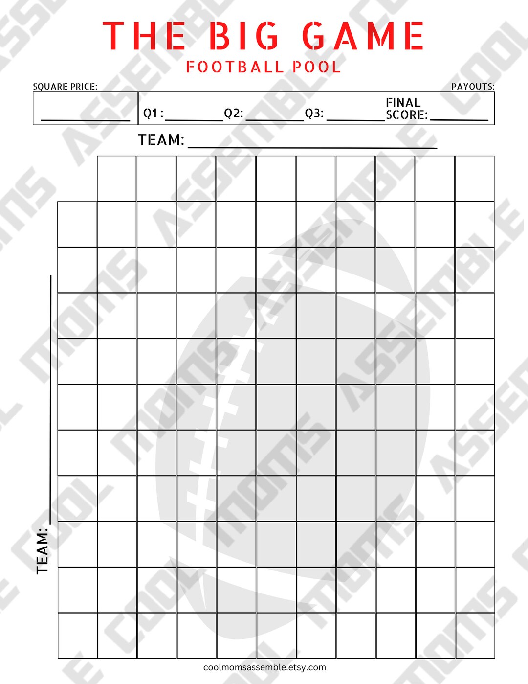The Big Game Football Pool Football Pool Football Squares - Etsy