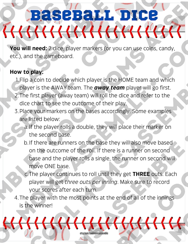 Baseball Dice Game- Printable Baseball Game- Baseball Party Game- Printable Party Game- Baseball ...