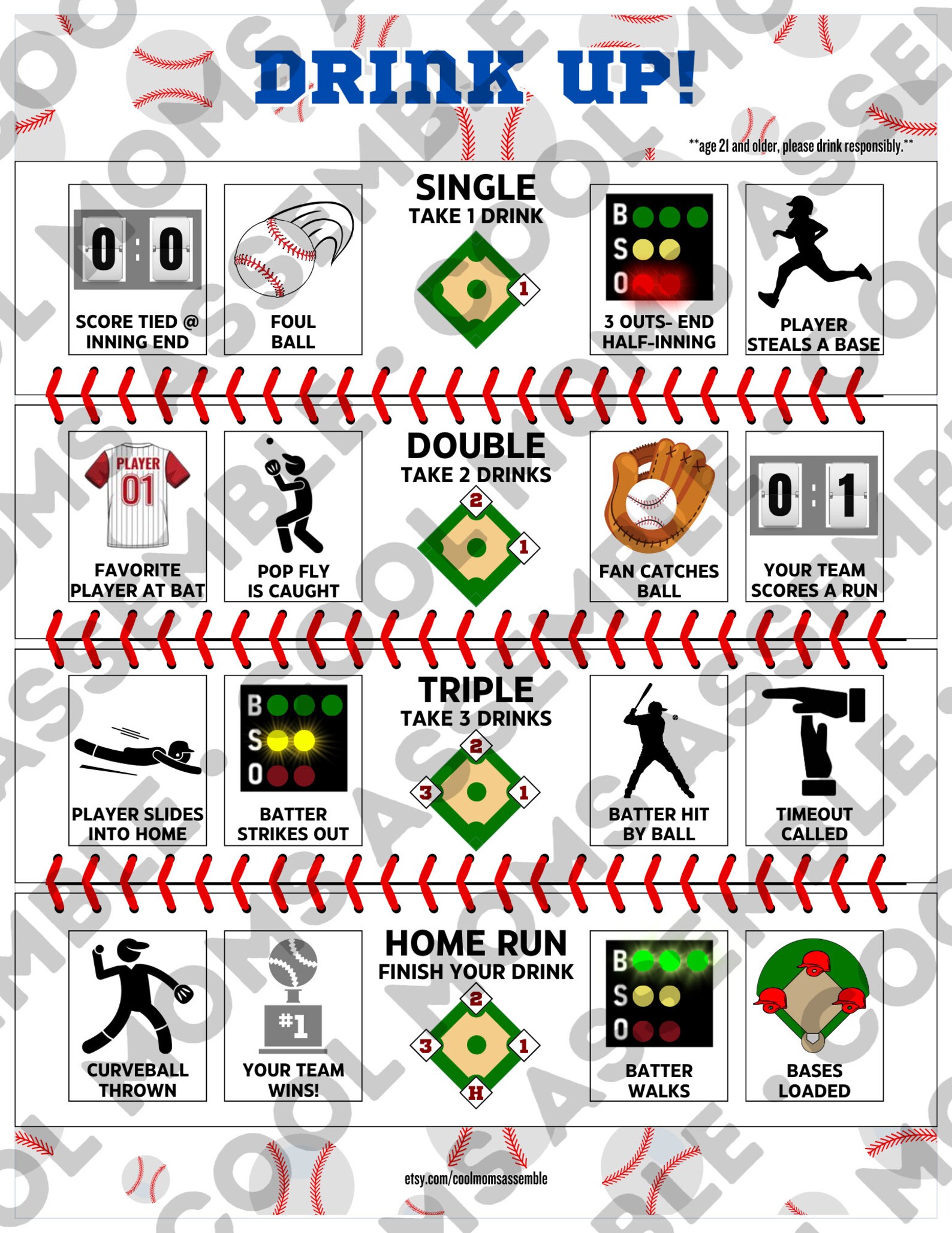 Baseball Drink Up!- Party Drinking Game- PDF 11x17, 8.5x11 & 5.4x8.2 ...