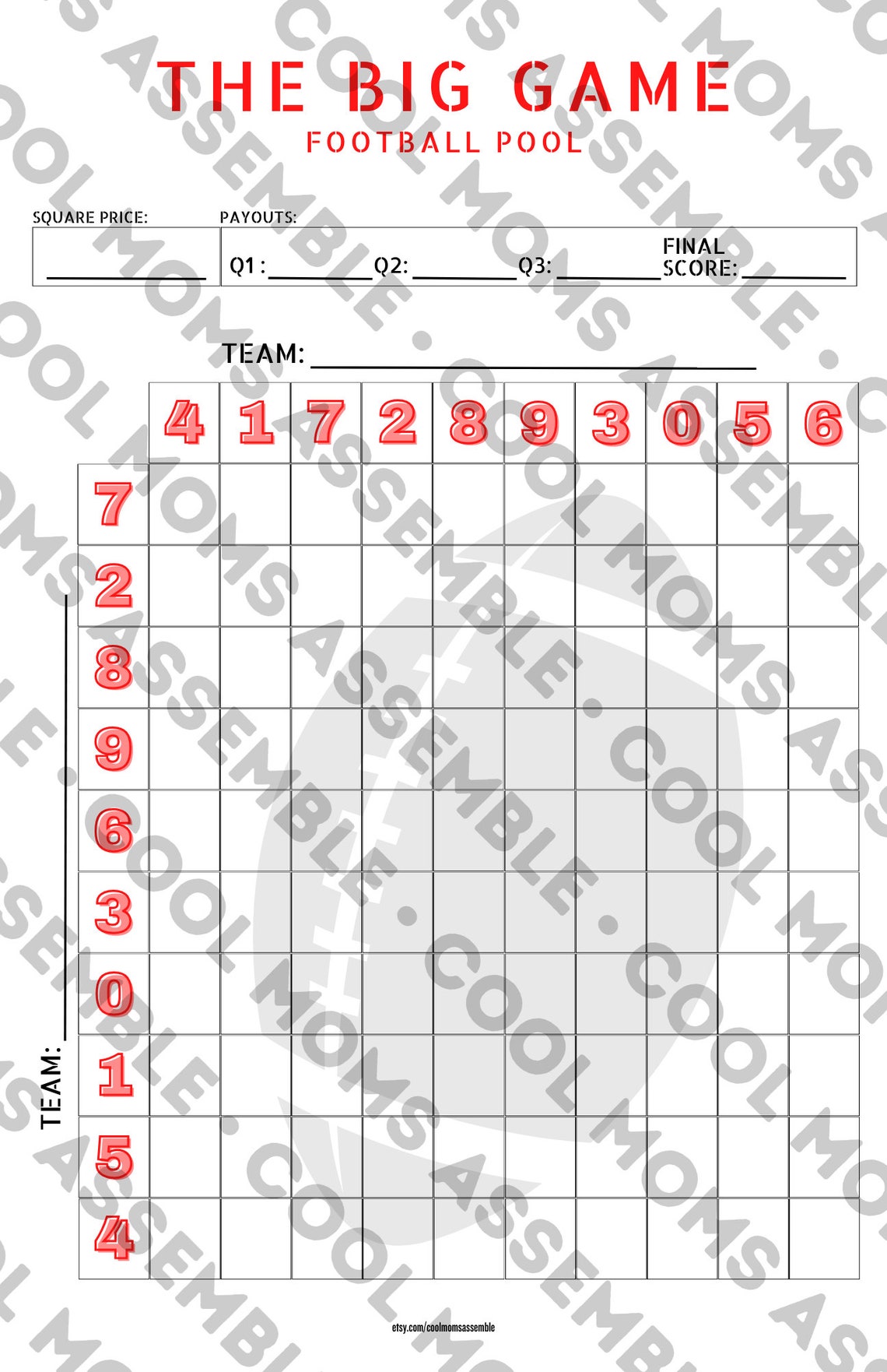 The Big Game Football Pool- Football Pool- Football Squares- PDF 11x17 ...
