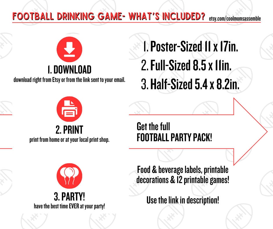 Football Drinking Game- PDF 11x17, 8.5x11 & 5.4x8.2- PNG Files ...