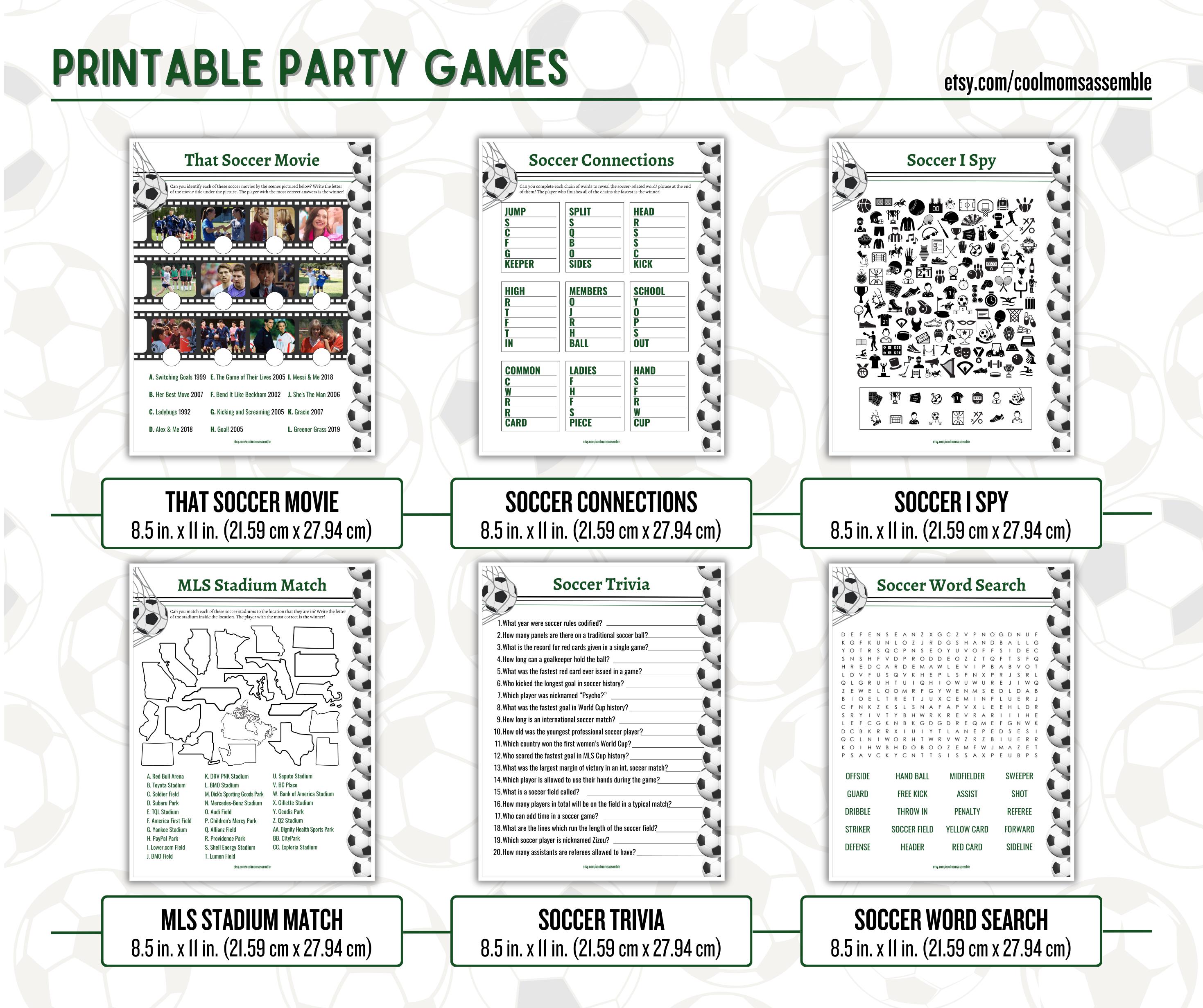 Soccer Party Pack- Soccer Games- Printable Party Games- Kid's Party ...