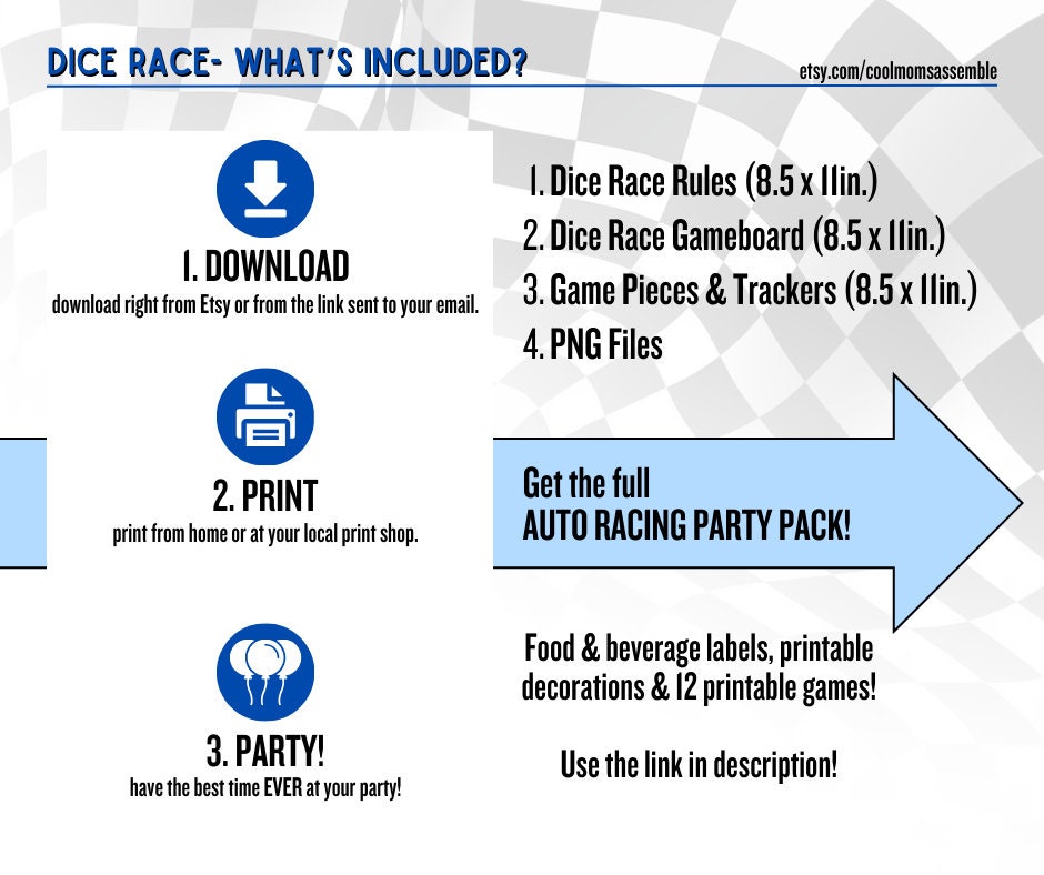 Dice Race Auto Racing Party Game- Printable Racing Game- Racing Party ...