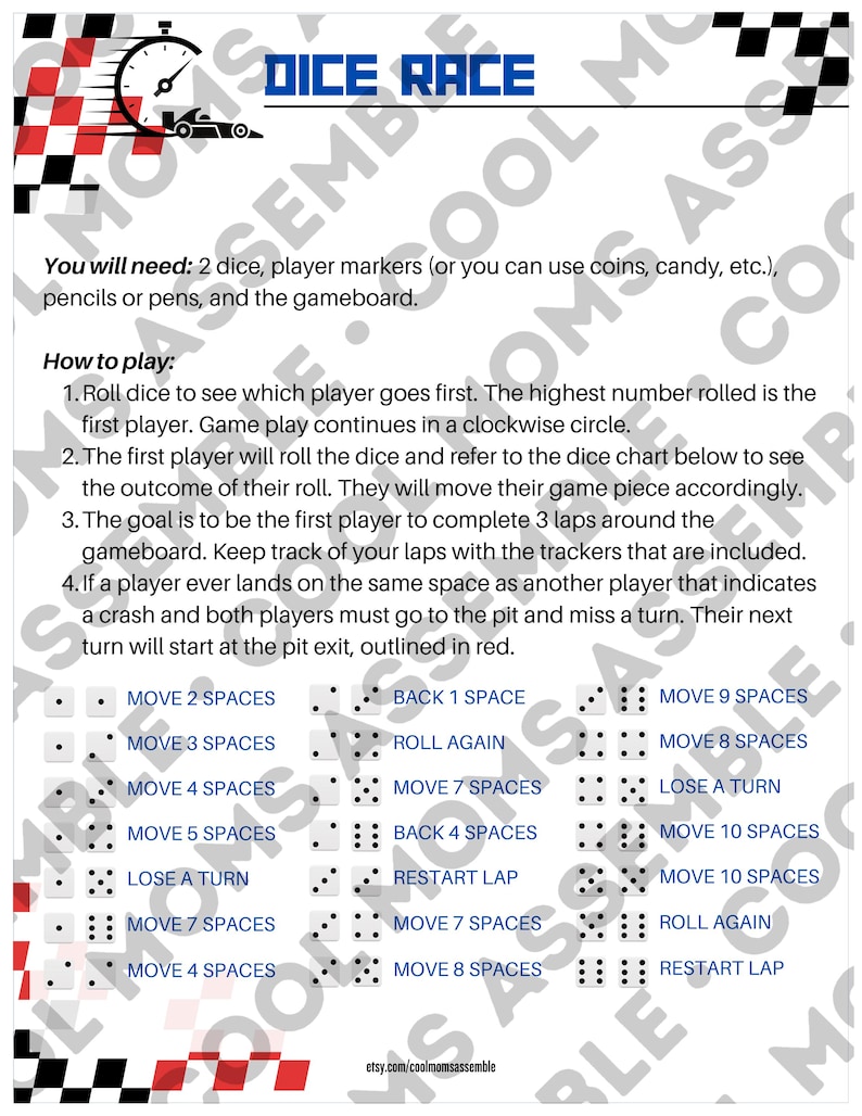 Dice Race Auto Racing Party Game- Printable Racing Game- Racing Party ...