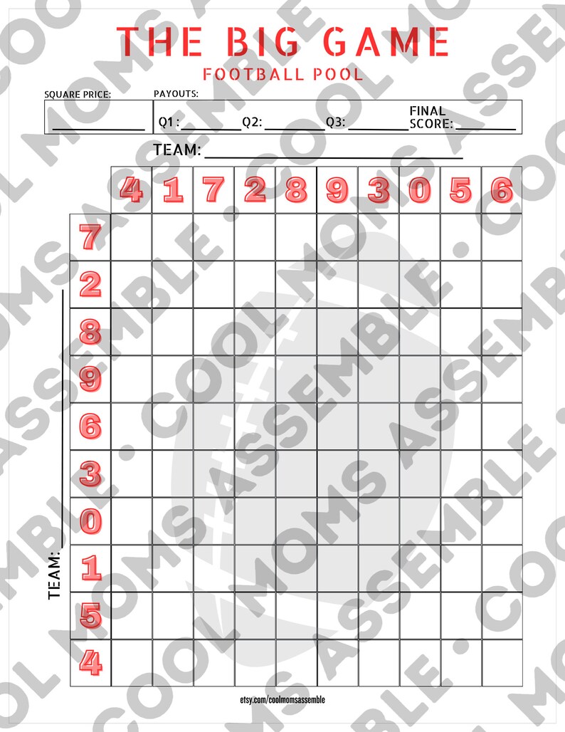 The Big Game Football Pool- Football Pool- Football Squares- PDF 11x17 ...