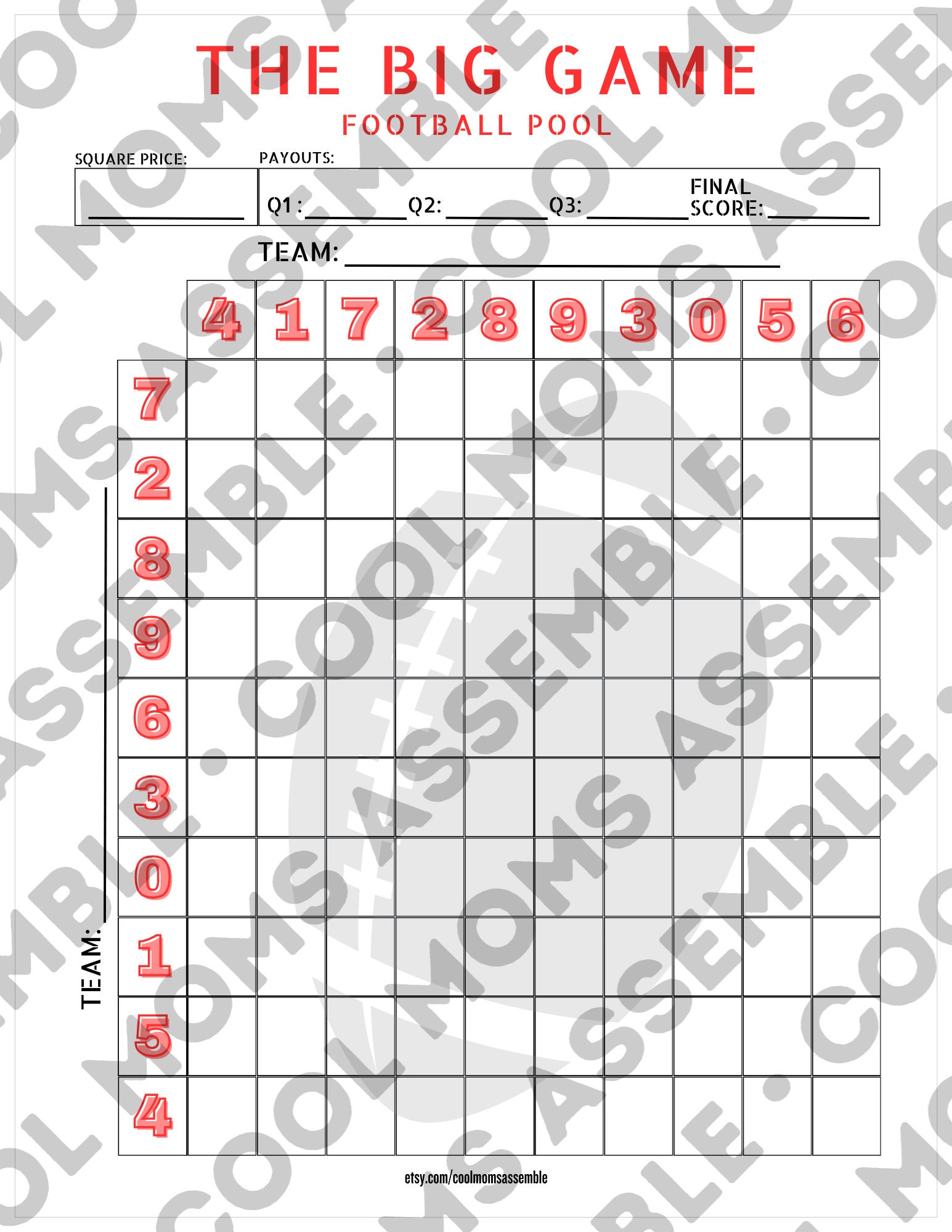 The Big Game Football Pool Football Pool Football Squares PDF 11x17 & 8 ...