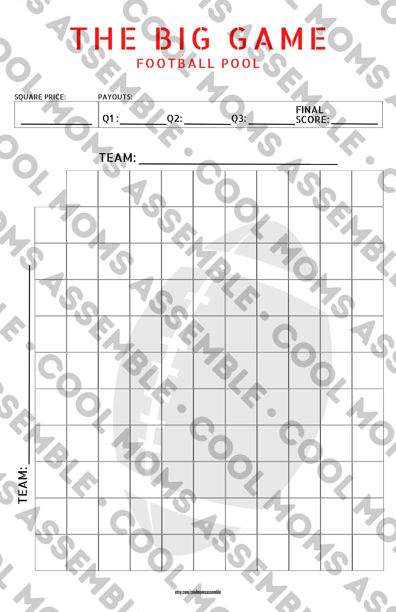 The Big Game Football Pool Football Pool Football Squares PDF 11x17 & 8 ...