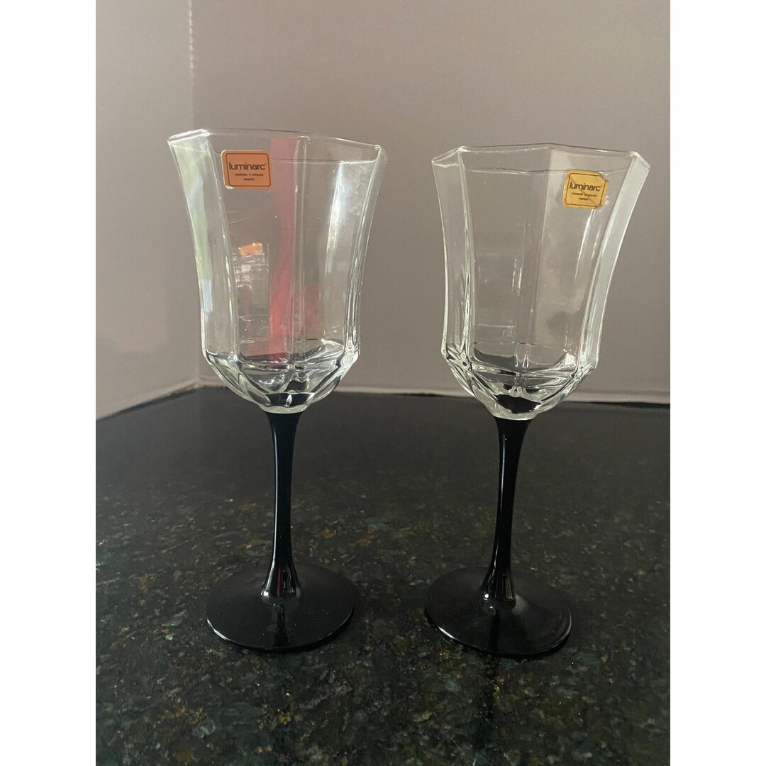 Luminarc 8" H Black Stem and Base, Clear Octagonal Wine Glasses (qty. 2 ...