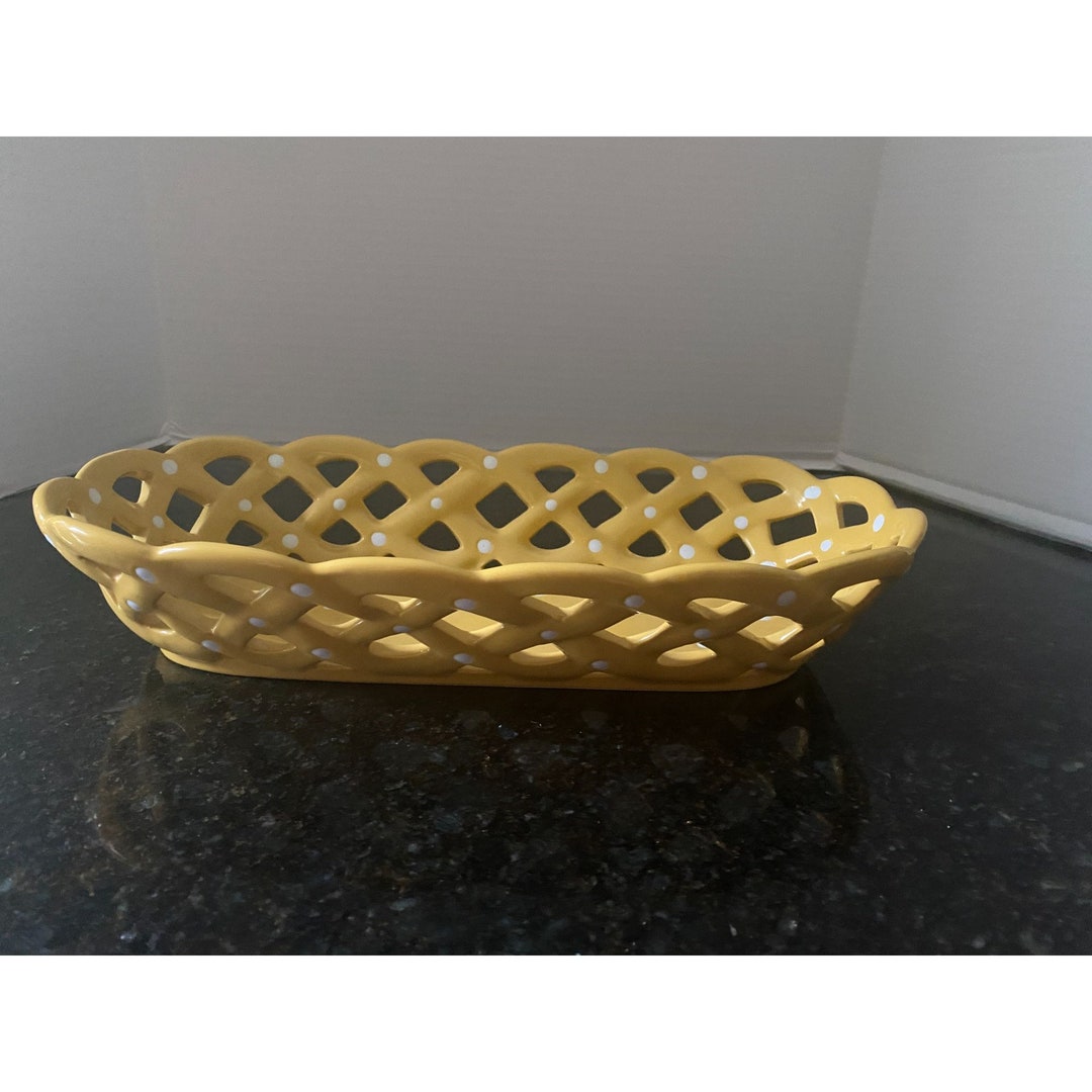Temptations 14" Yellow With White Polka Dots, Ceramic Bread Basket - Etsy