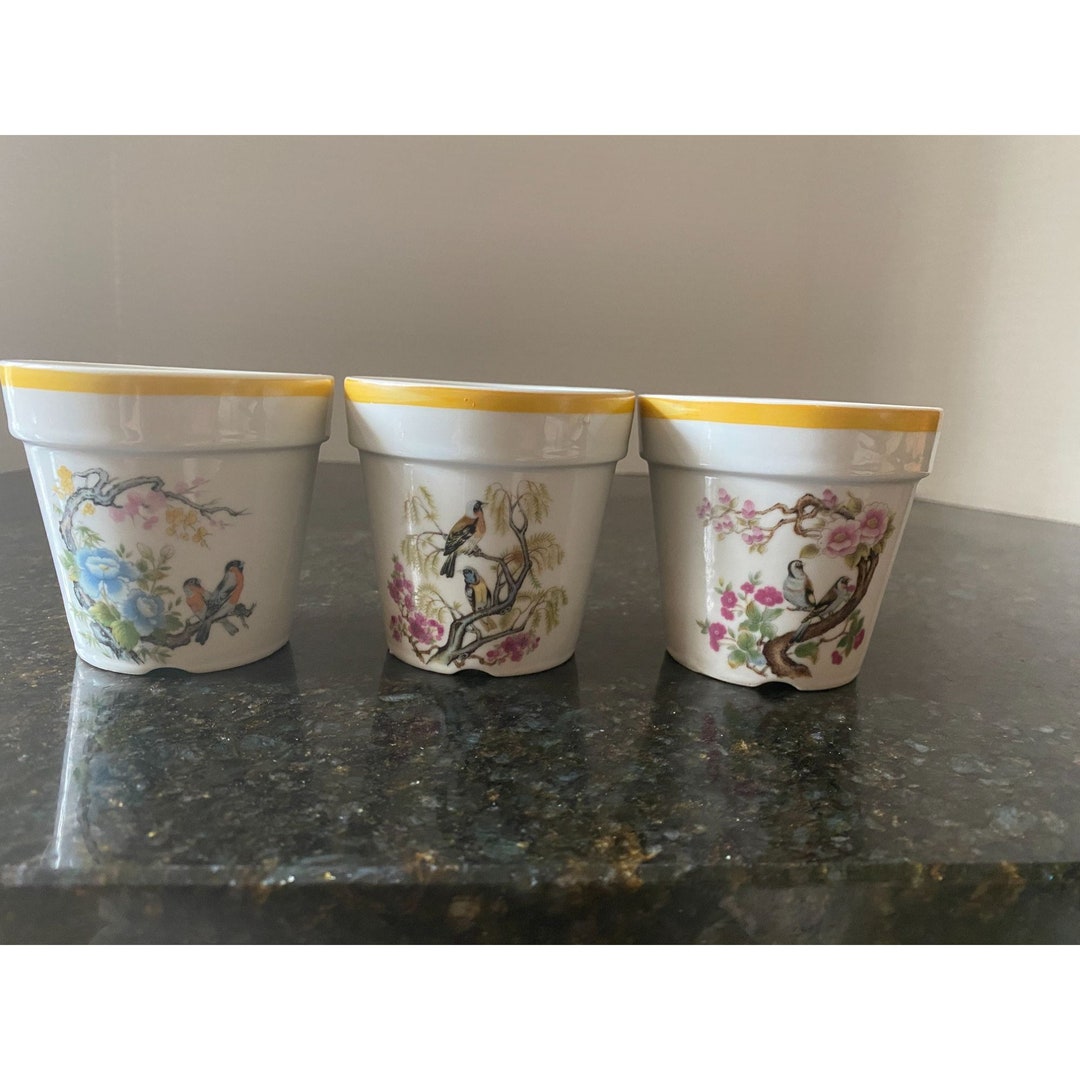 Royal Crown 3" Yellowed Rimmed Flower Pots, Bird Motif, Vintage - Etsy