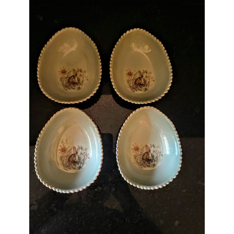 Pottery Barn Mint Green Scalloped Egg Shaped Bowls With Rabbit Design ...