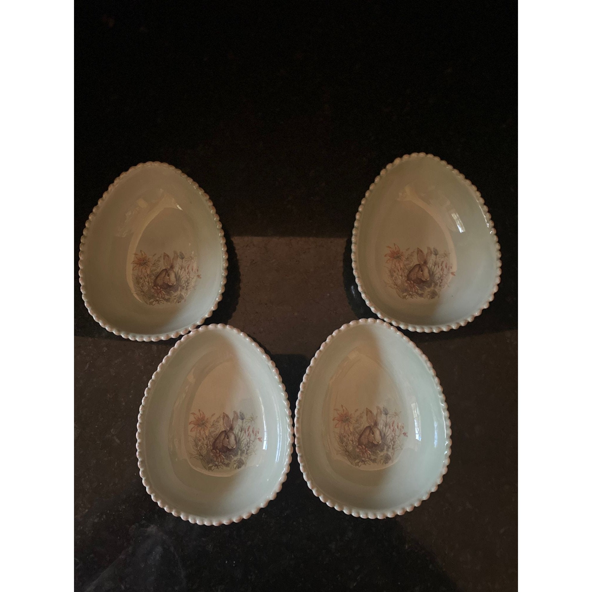 Pottery Barn Mint Green Scalloped Egg Shaped Bowls With Rabbit Design ...