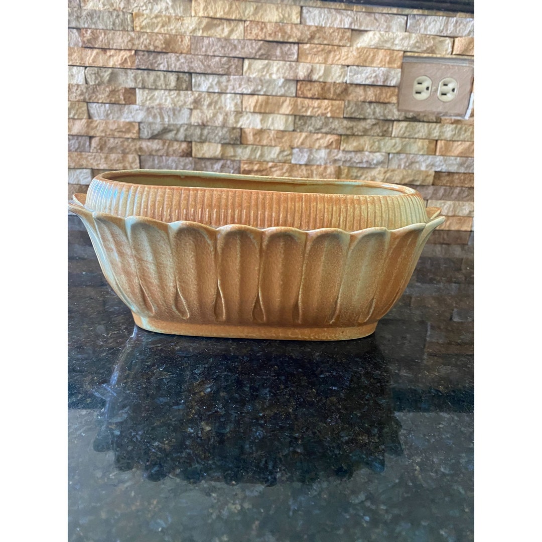 Vintage Red Wing Pottery Oval Planter 751, Yellow and Gold Feather ...