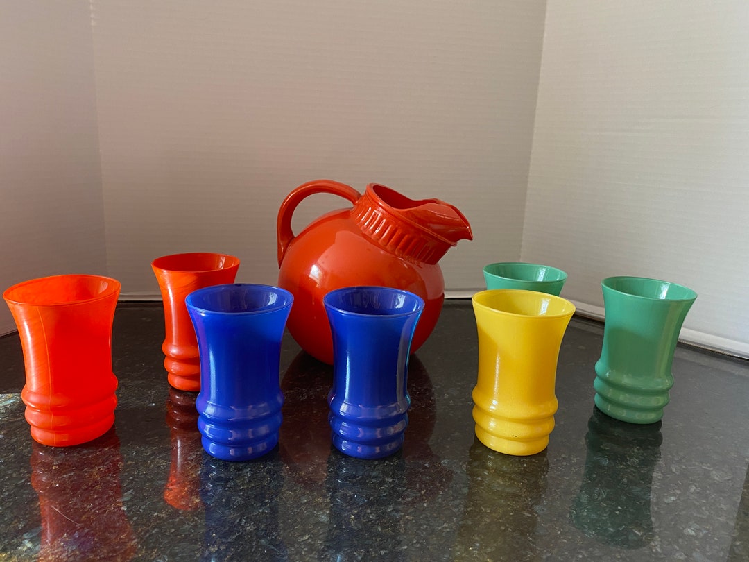 Vintage Tilted Orange Pitcher and 7 Glasses, 8 Pieces - Etsy