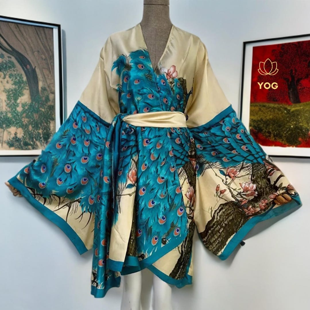 Boho Long Sleeve Silk Kimono With Belt, Peacock Bohemian Kimono Robe ...